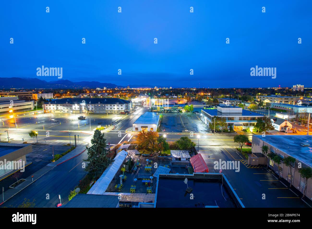 Anchorage historic downtown aerial view at night of the Seventh Avenue ...