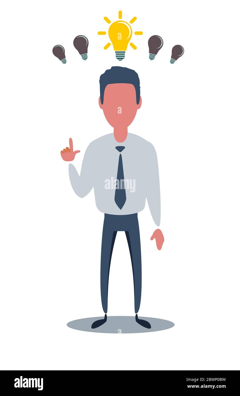 A young man with a fluorescent light bulb over his head, isolated against a white background ...