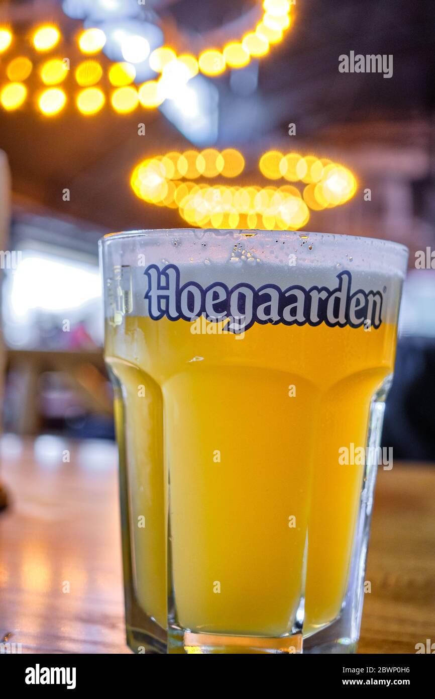 Belgrade / Serbia - November 17, 2019: Cup of Hoegaarden Belgian wheat ...