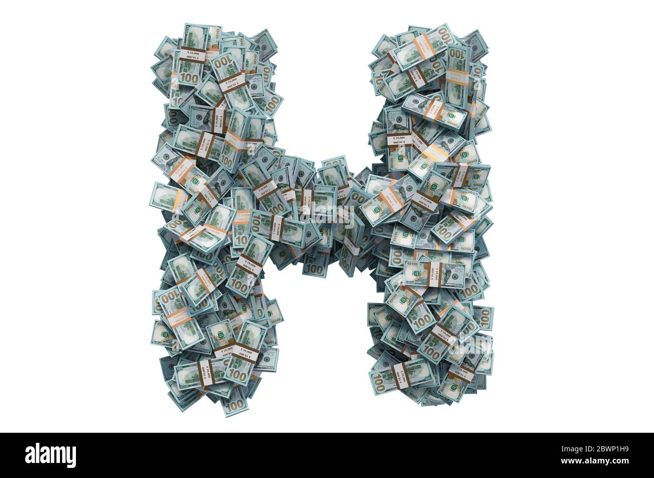 Letter H from dollar packs. 3D rendering isolated on white background ...