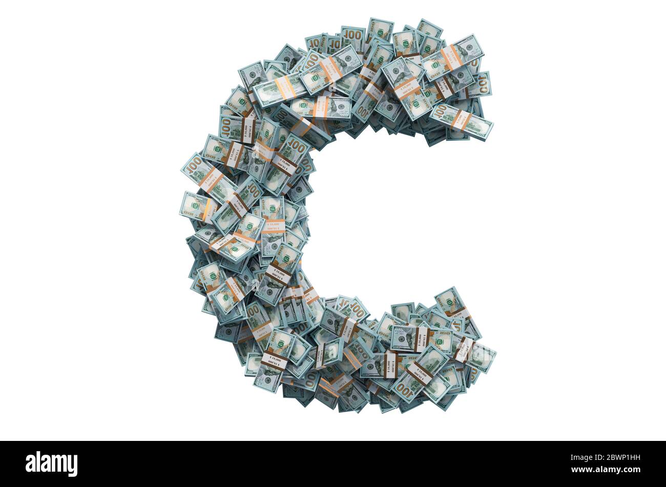 Letter C from dollar packs. 3D rendering isolated on white background ...
