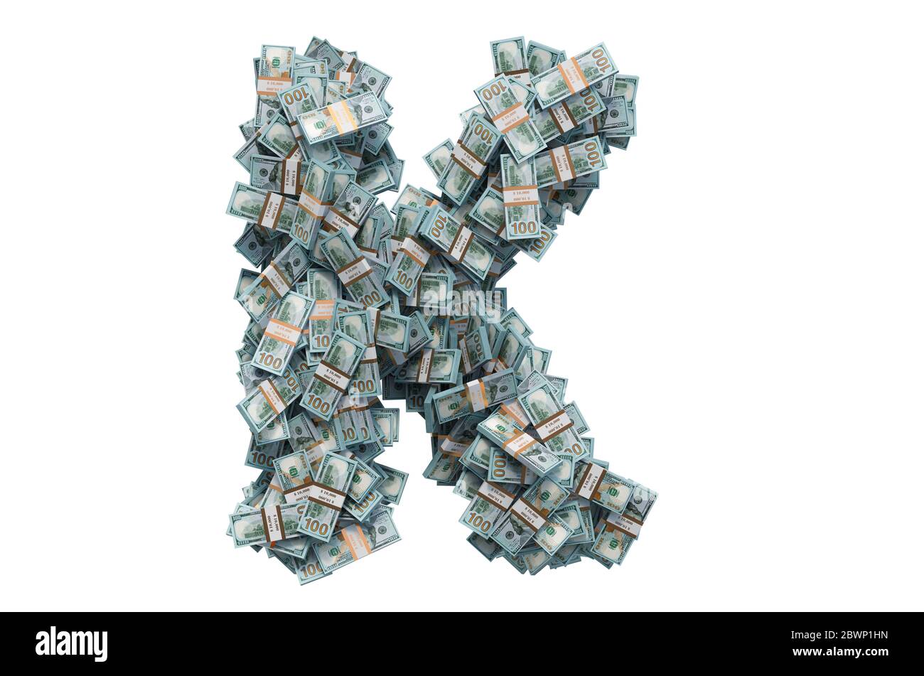 Letter K from dollar packs. 3D rendering isolated on white background ...