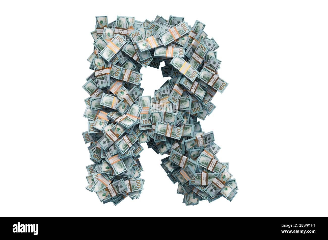Letter R from dollar packs. 3D rendering isolated on white background ...