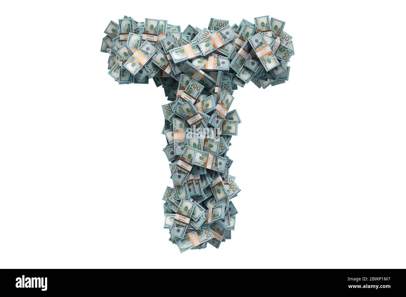 Letter T from dollar packs. 3D rendering isolated on white background ...