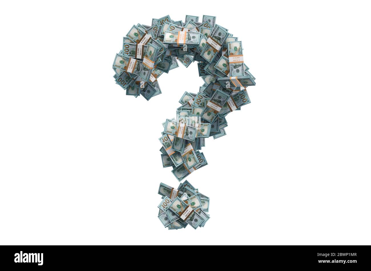 Question mark from dollar packs. Financial question concept, 3D ...