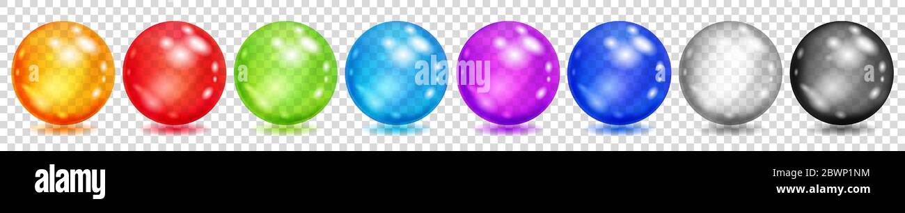 Set of translucent colored spheres with glares and shadows on transparent background ...