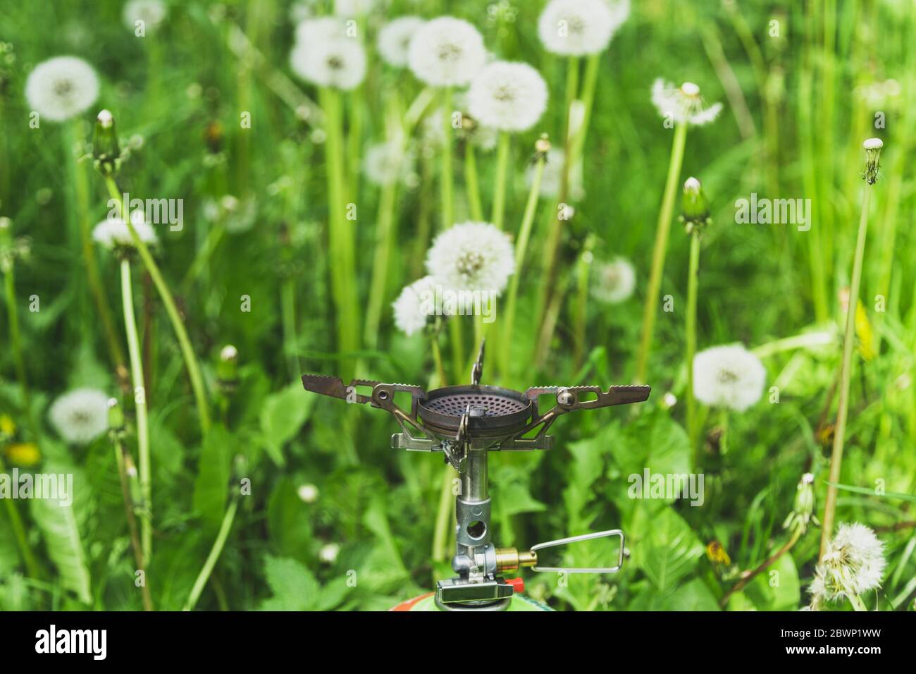 Small tourist gas burner with gas balloon in the grass trekking and ...