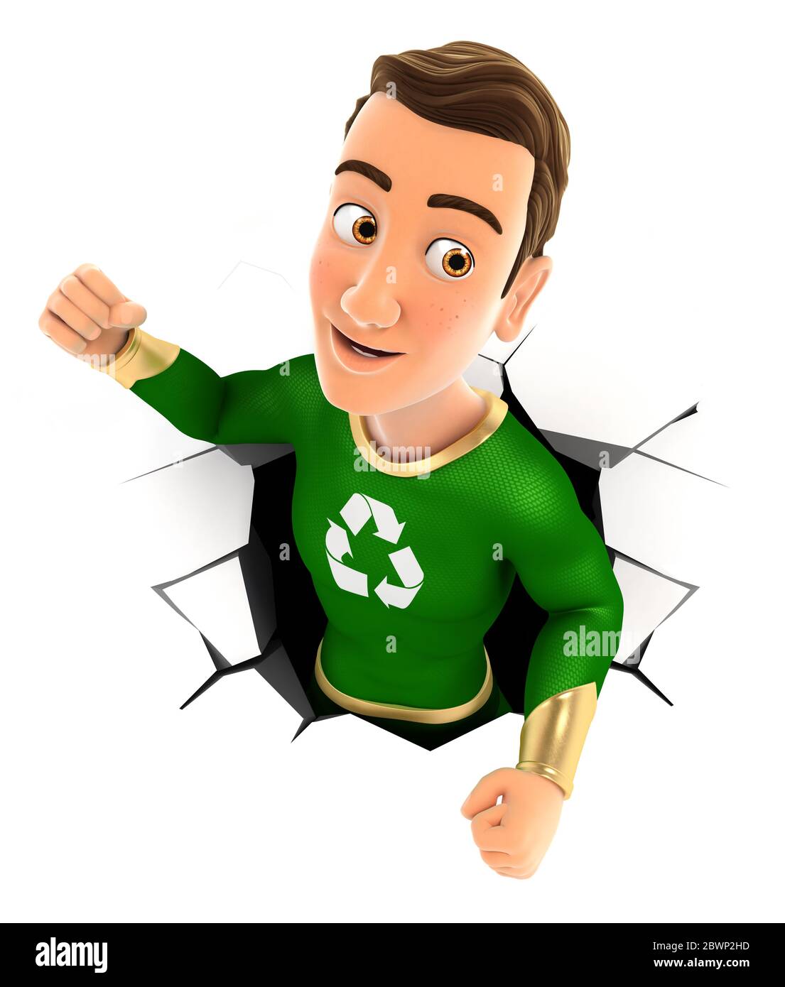 3d green hero coming out through a wall, illustration with isolated ...