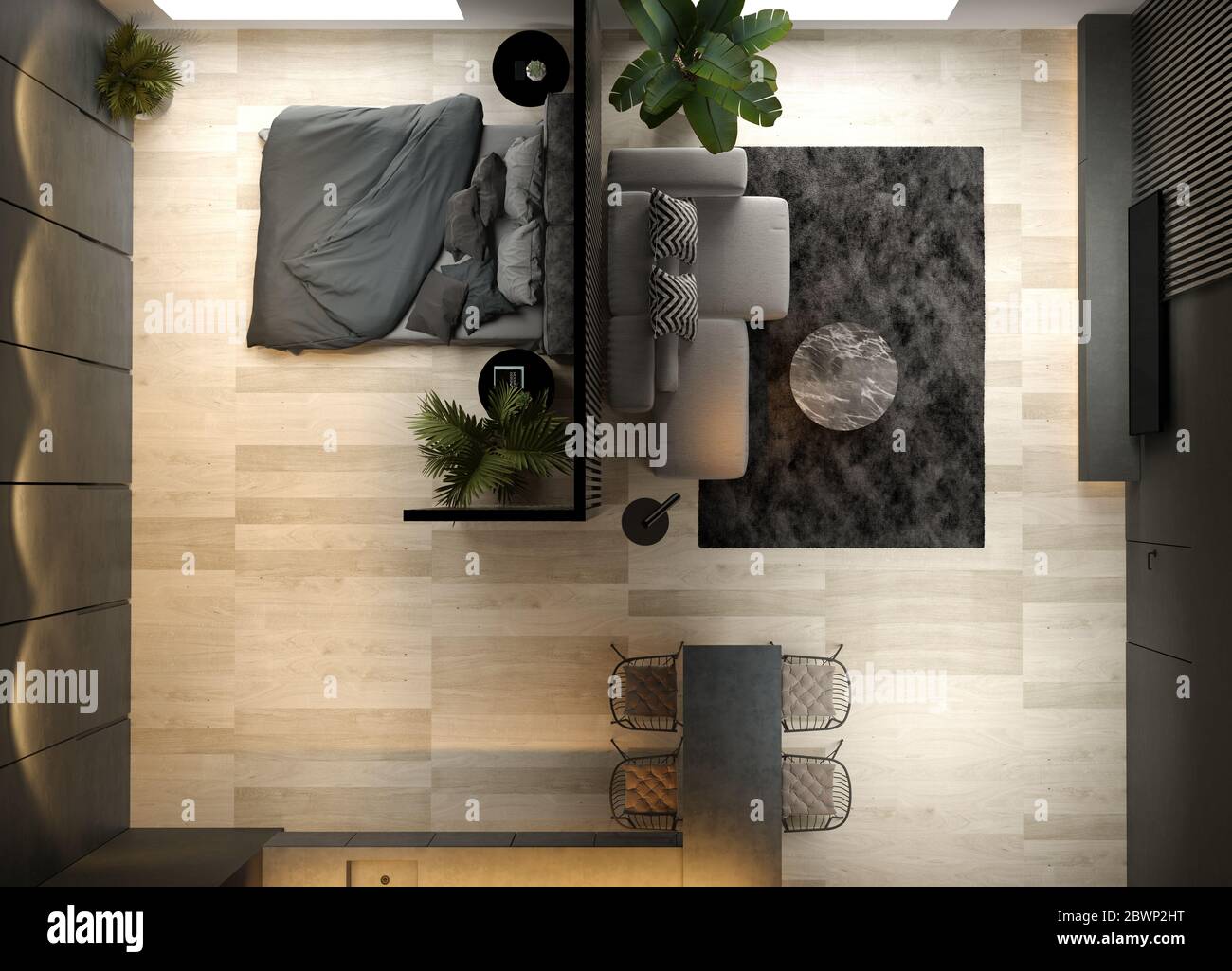 Top view Black minimalist Interior of modern living room 3D rendering ...
