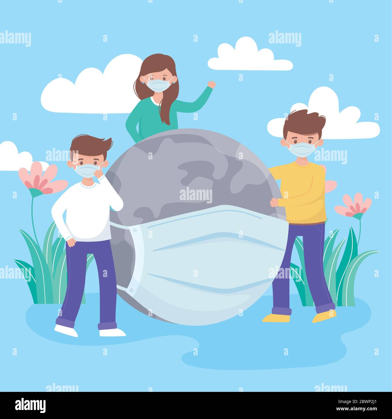 young people and world with medical mask, save the planet protection ...