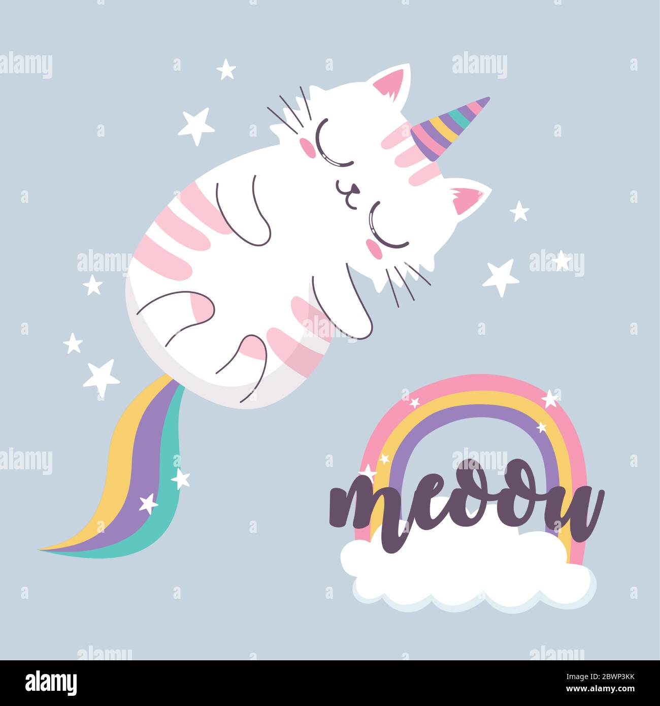 cute sleeping cat horn rainbow cartoon animal funny character vector ...