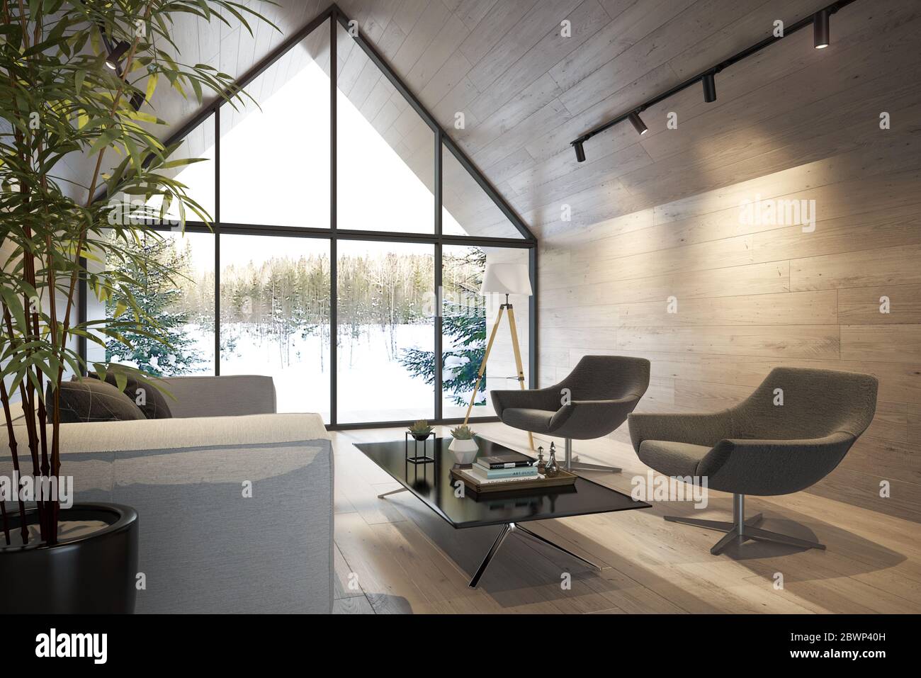 Interior living room of a forest house 3D rendering Stock Photo - Alamy