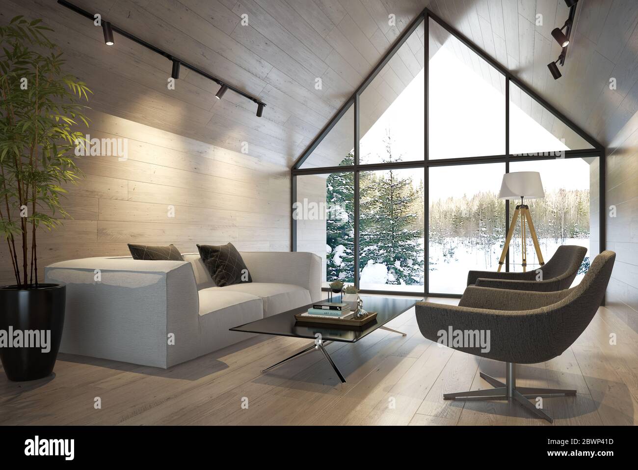 Interior living room of a forest house 3D rendering Stock Photo - Alamy