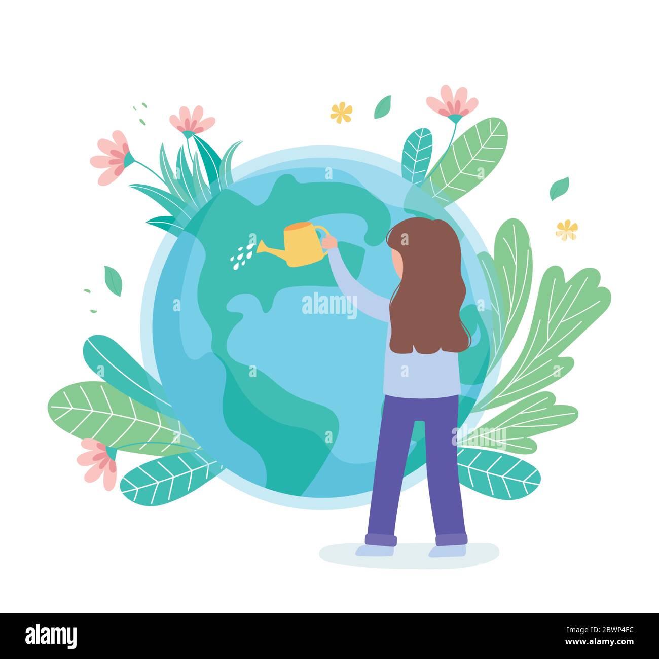 girl with watering can pouring water world, save the planet protection ...