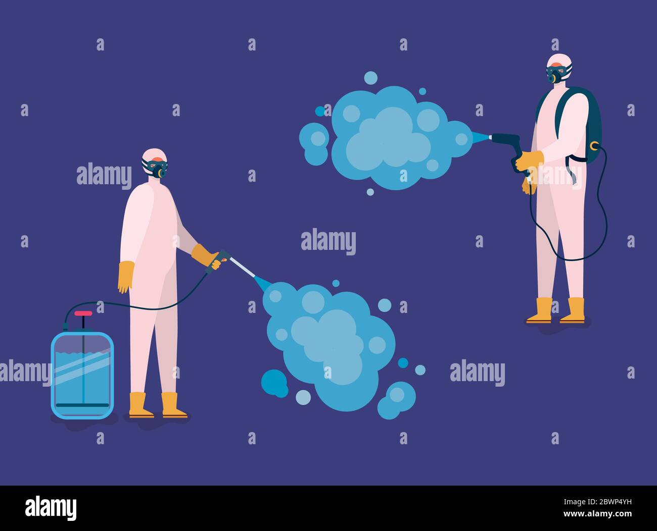 Men spraying with protective suits gloves and bottle vector design ...