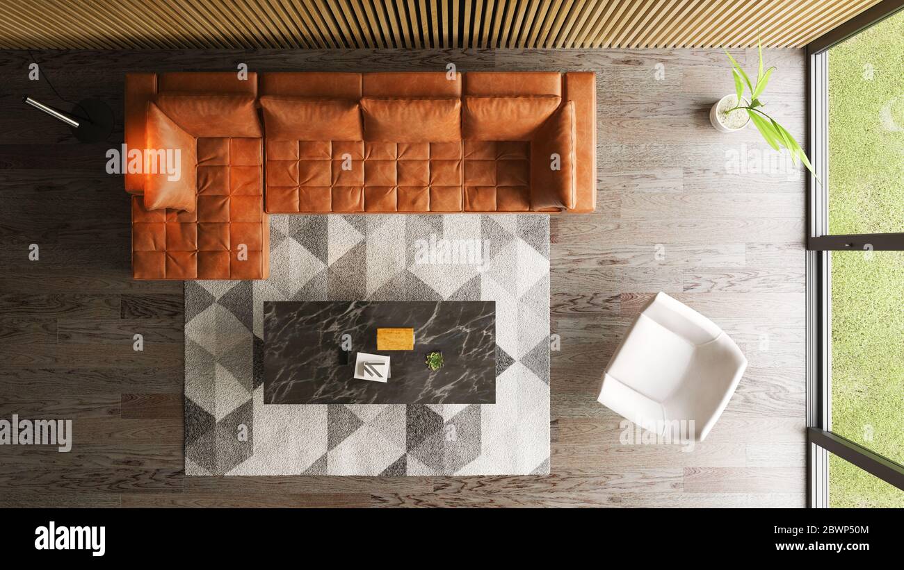 Interior of modern living room top view 3 D rendering Stock Photo - Alamy