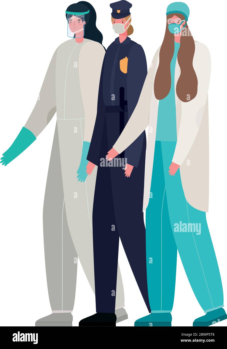 Police woman and doctors with protective suit and mask vector design ...