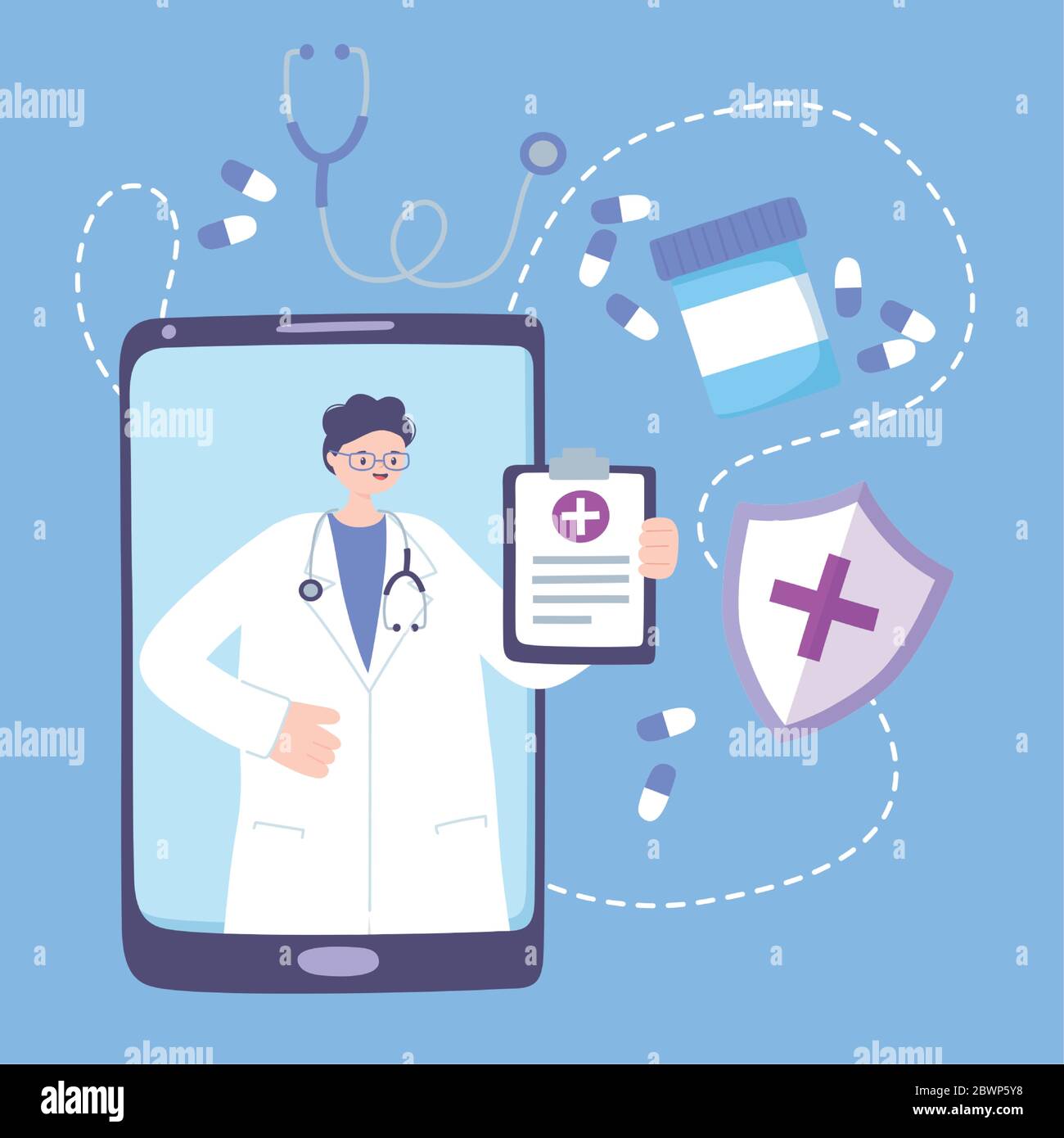 telemedicine, smartphone male doctor with report medical prescription ...