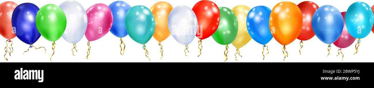 Banner of colorful balloons and ribbons on white background with ...