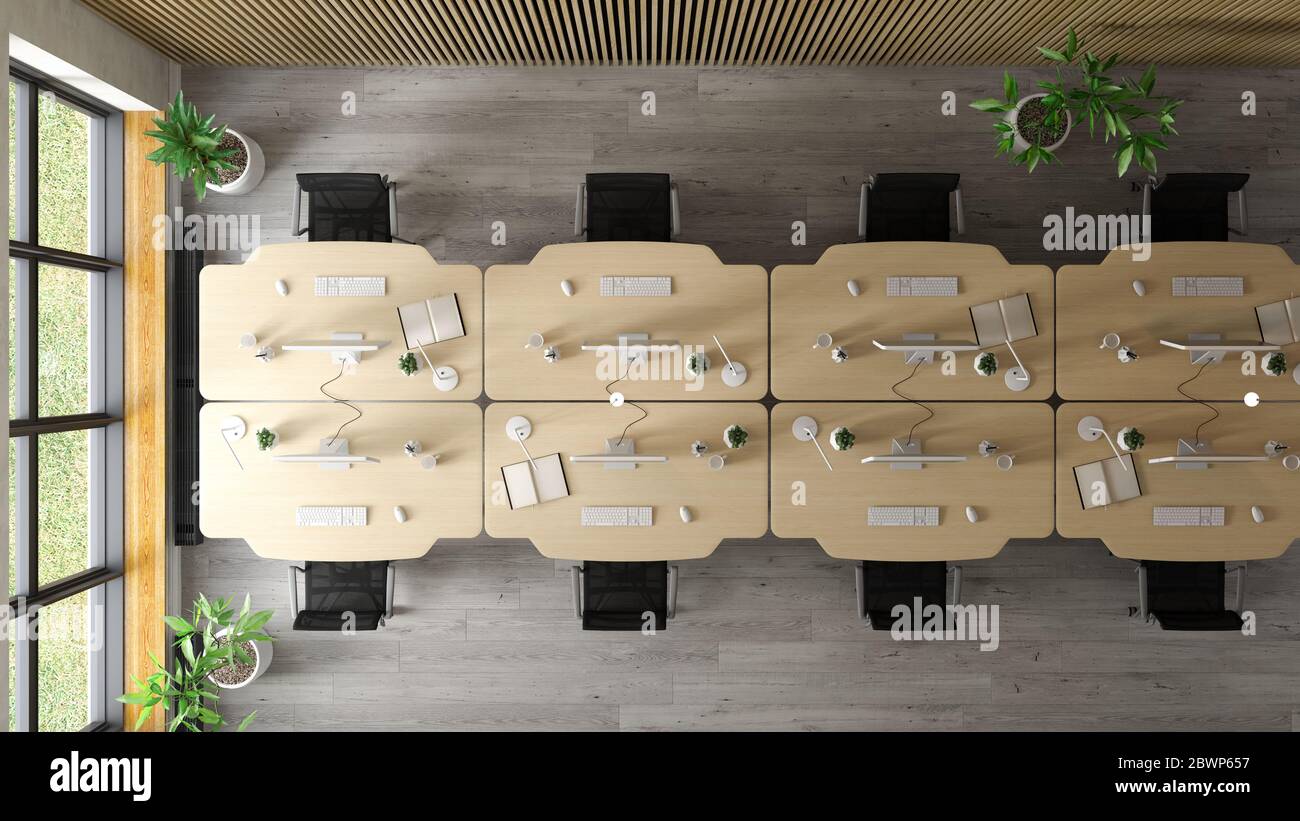 Interior of modern office room top view 3D rendering Stock Photo - Alamy
