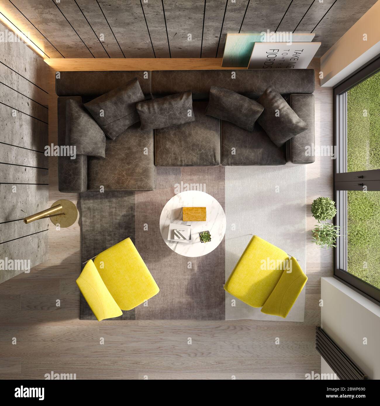 Interior of modern living room top view 3D rendering Stock Photo - Alamy