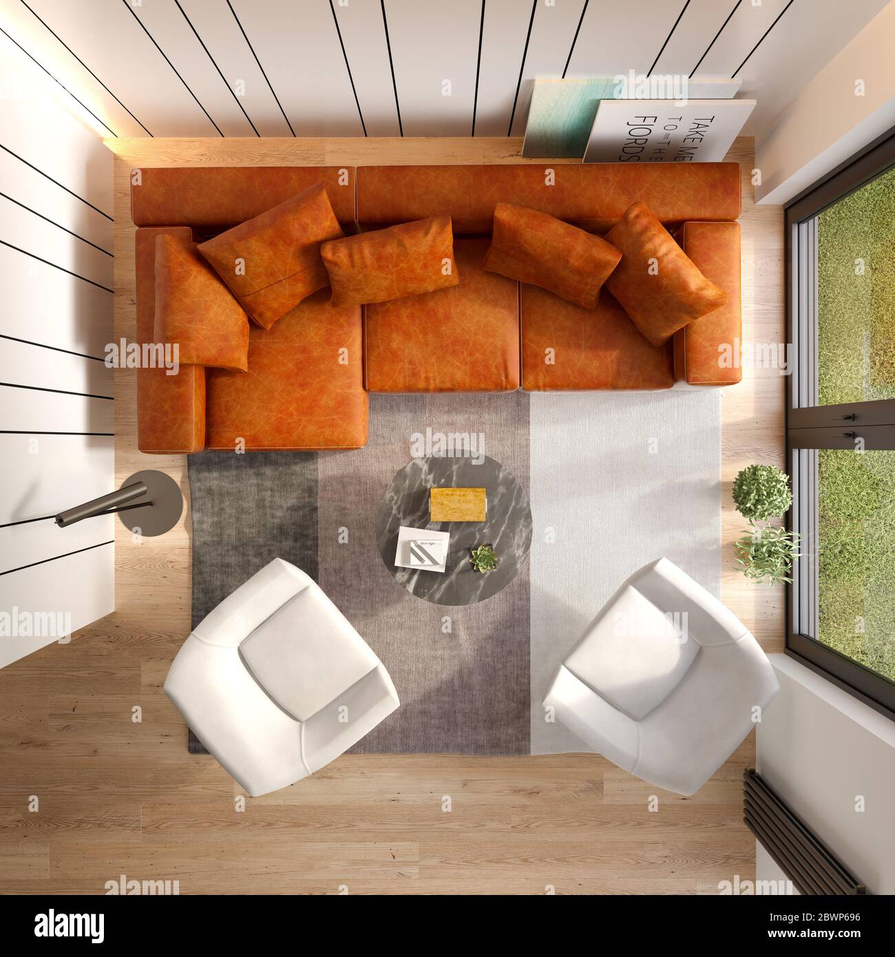 Interior of modern living room top view 3D rendering Stock Photo - Alamy
