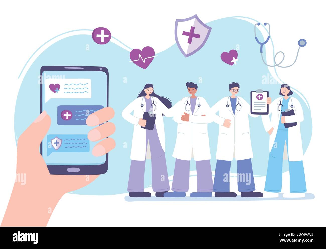 telemedicine, hand with smartphone staff medical professional character ...