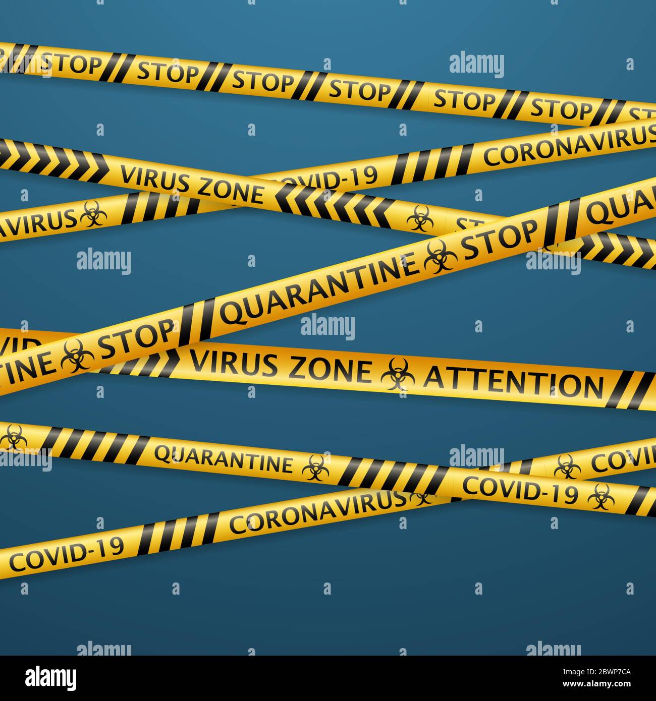 Safety tapes with coronavirus warning labels and biohazard symbols. In ...