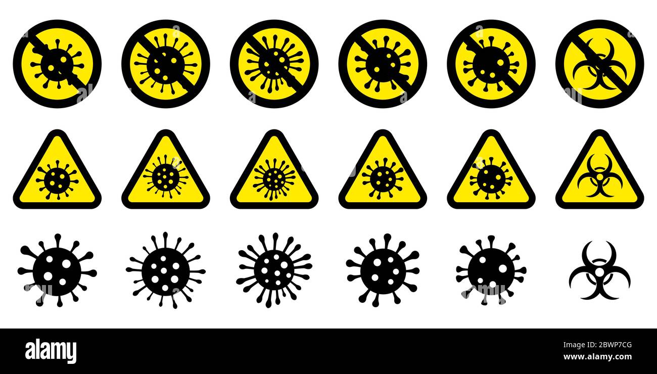 Set of coronavirus warning signs. Virus symbols in crossed out circles ...