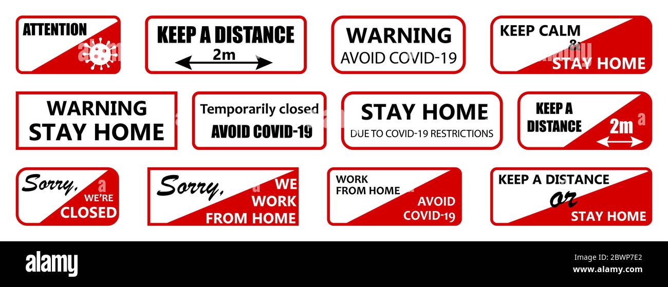 Set of coronavirus information plates. Red and black on white ...