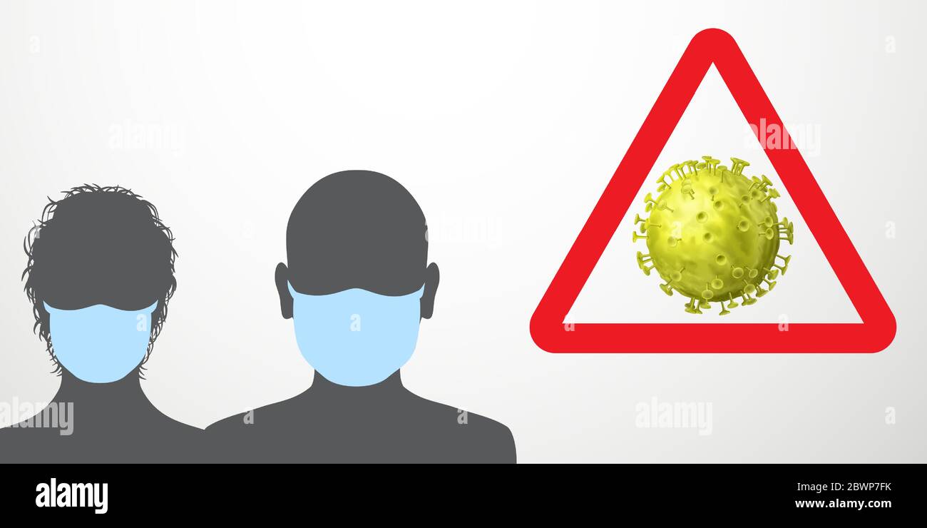 Coronavirus warning illustration. Caution sign - virus in red triangle ...