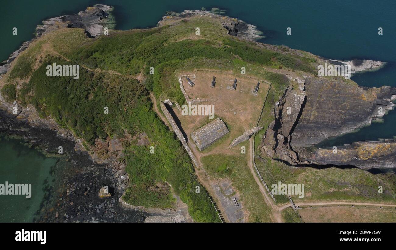 Aerial view of Fishguard Fort near Lower town Fishguard, Pembrokeshire ...