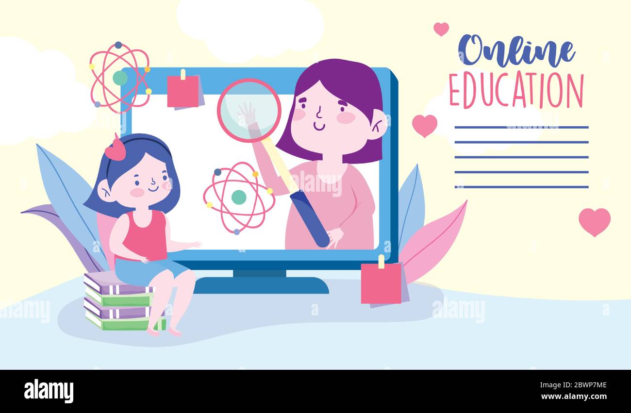 online education, teacher and student girl learning computer, website ...