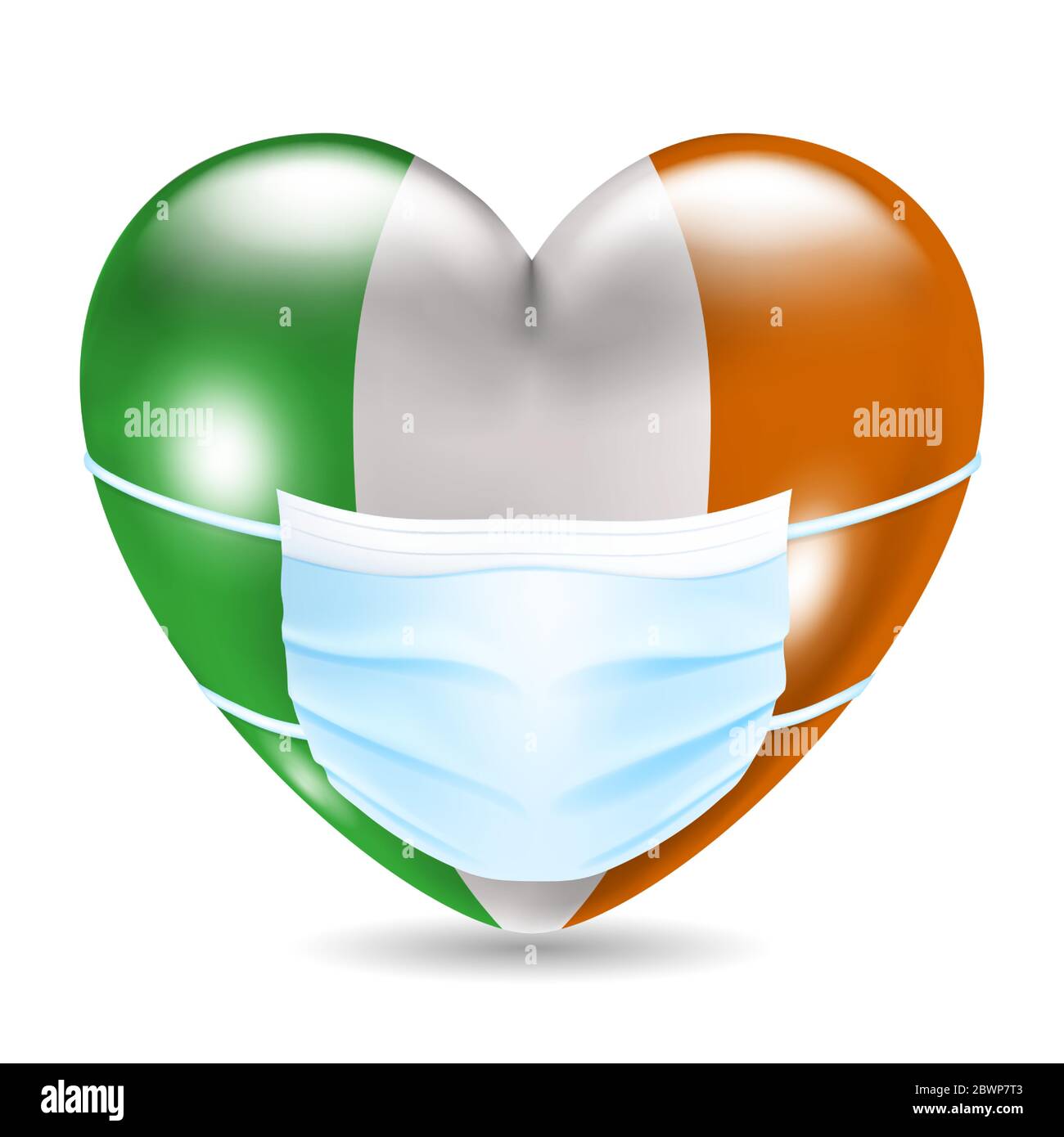 Heart in the Ireland flag colors with a medical mask for protection ...