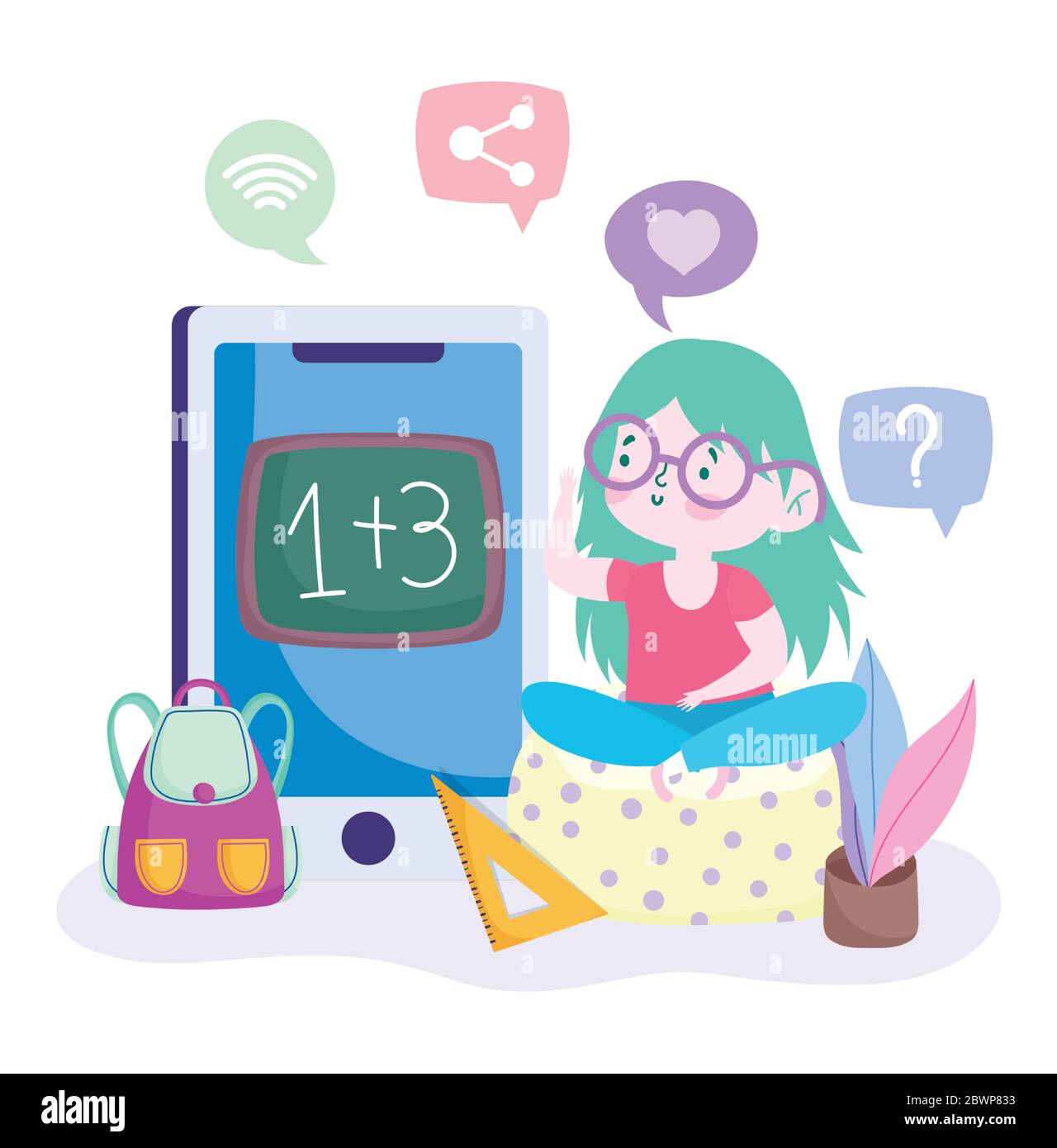 online education, girl studying math in smartphone, website and mobile ...