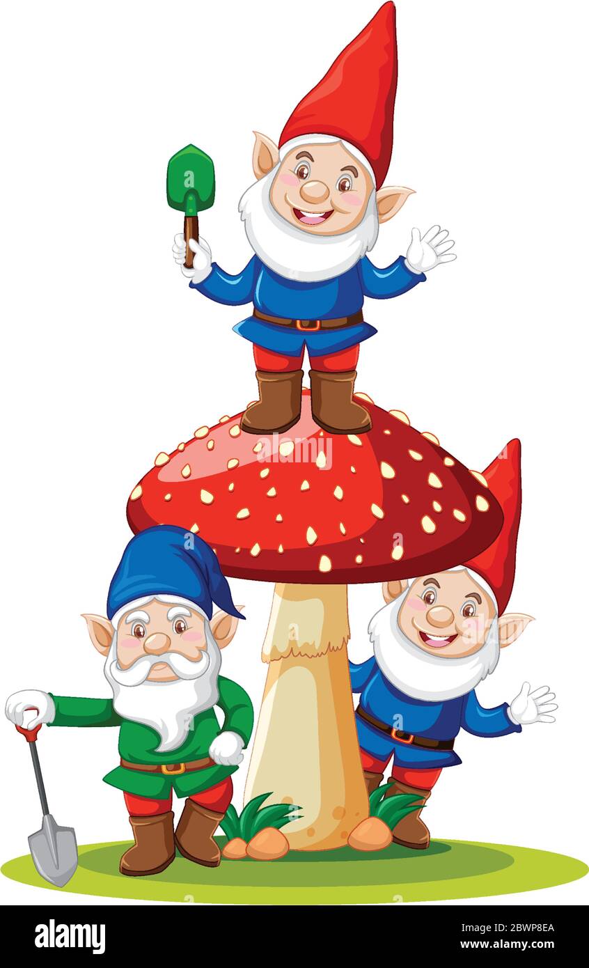 Gnomes and mushroom cartoon character on white background illustration ...