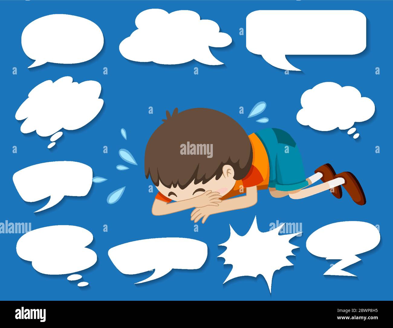 Different shapes of speech bubbles and crying boy illustration Stock ...