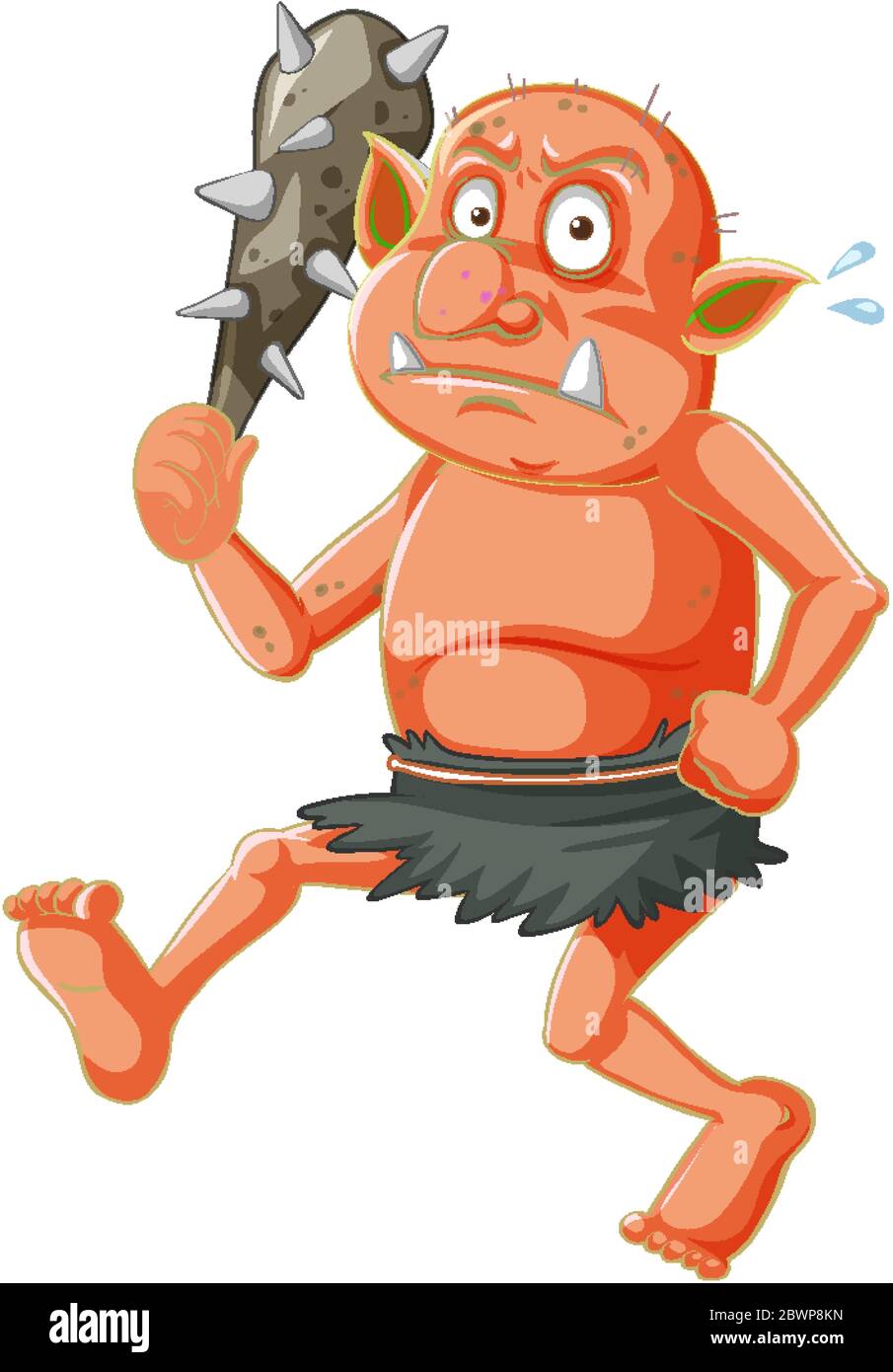 Red goblin or troll holding hunting tool in cartoon character isolated ...