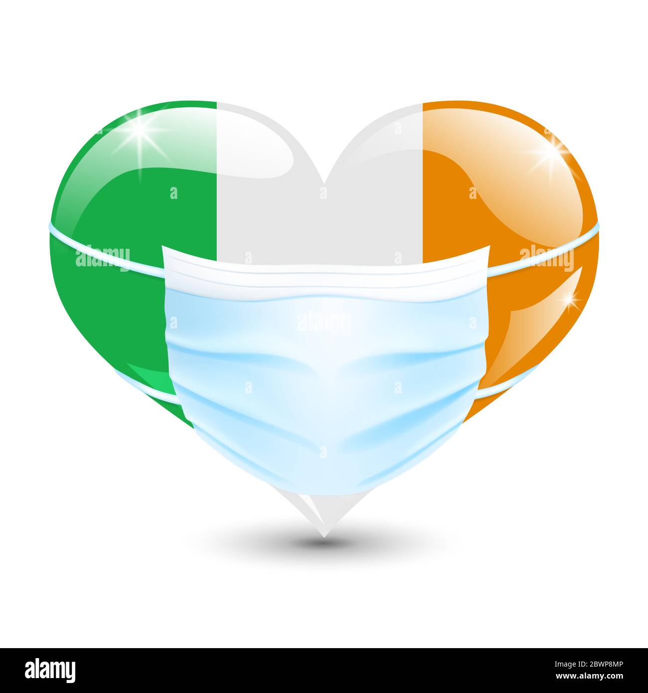Heart in the Ireland flag colors with a medical mask for protection ...