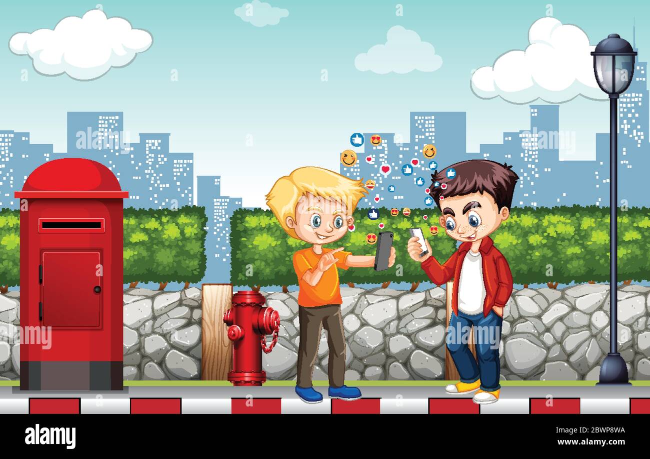 Boys using smart phone with social media icon theme on city background ...