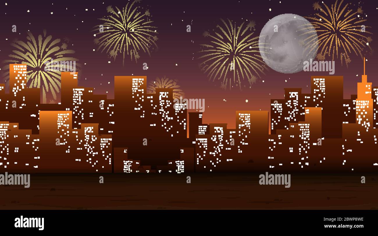 Cityscape with celebration fireworks scene illustration Stock Vector ...