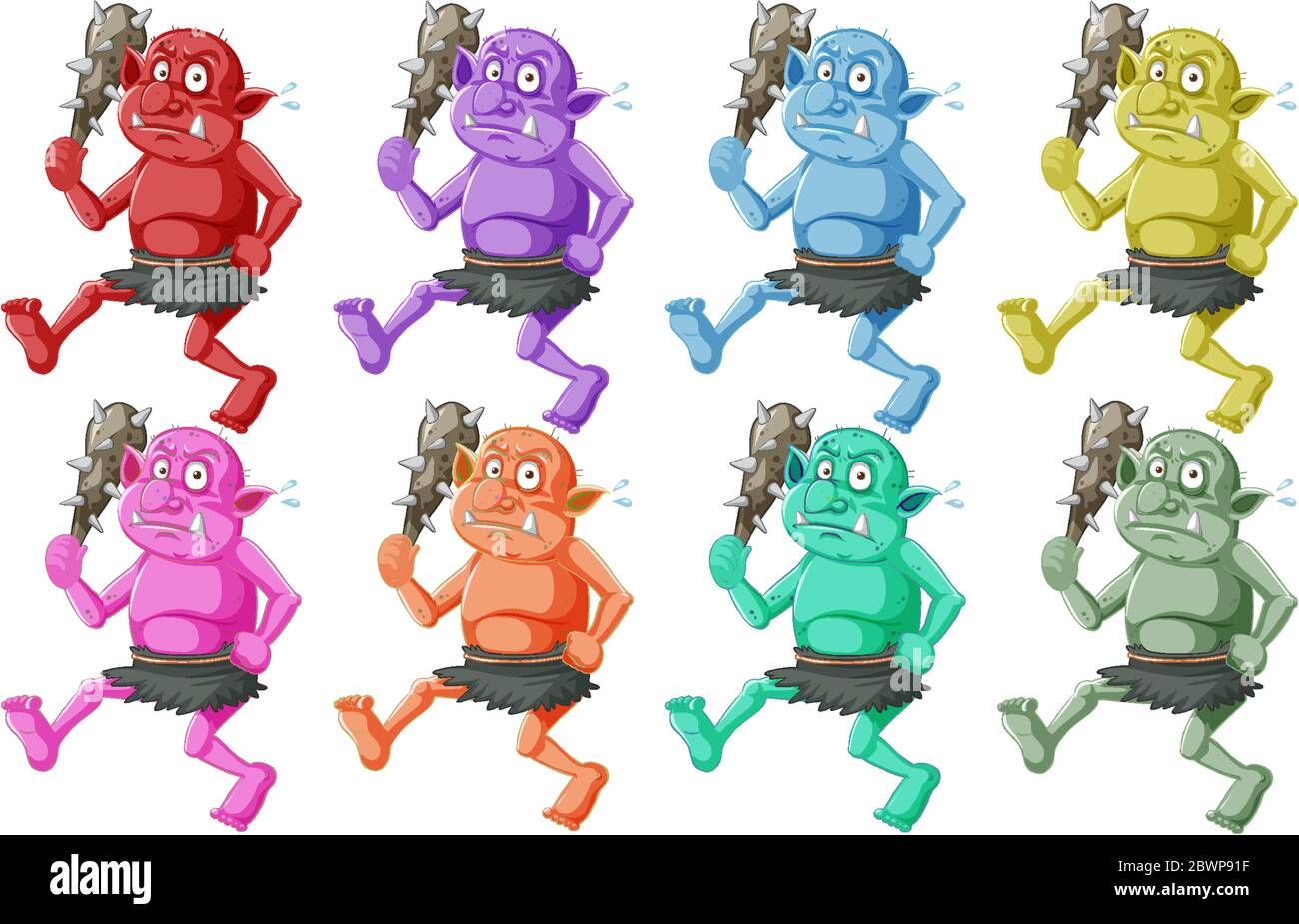 Set of colorful goblin or troll holding hunting tool in cartoon ...