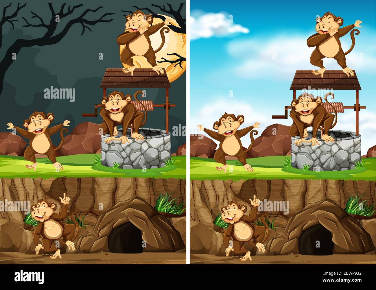 Wild monkey group in many poses in animal park cartoon style isolated ...