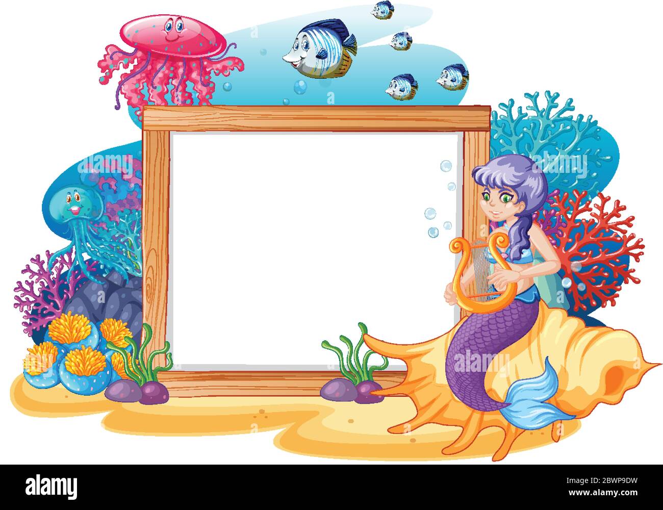 Mermaid and sea animal theme with blank banner cartoon style on white ...