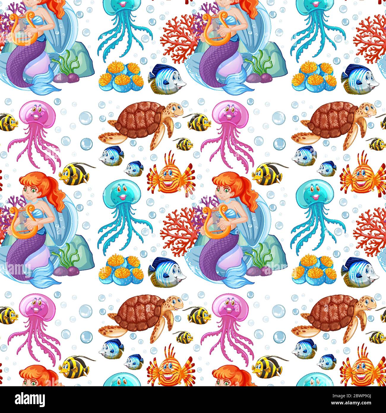 Seamless mermaid and sea animals on white background illustration Stock ...
