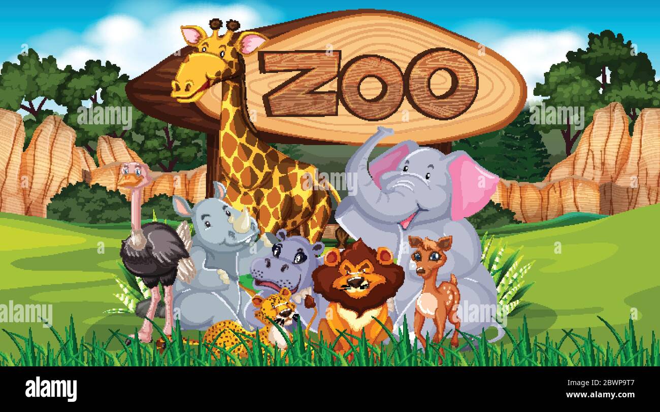 Zoo animals in the wild nature background illustration Stock Vector ...