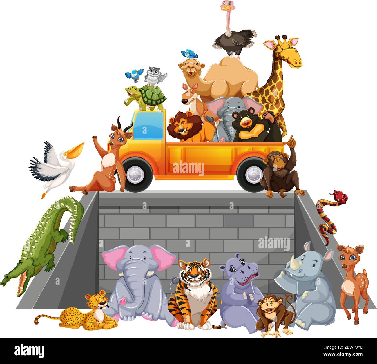 Wild animals group are posing smile in animal park cartoon style ...