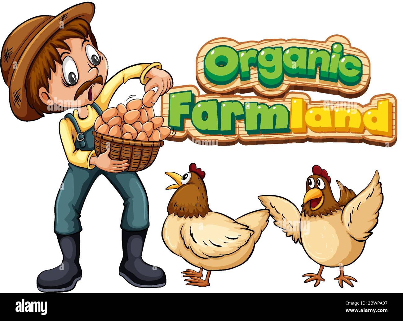 Font design for word organic farmland with farmer and chickens ...