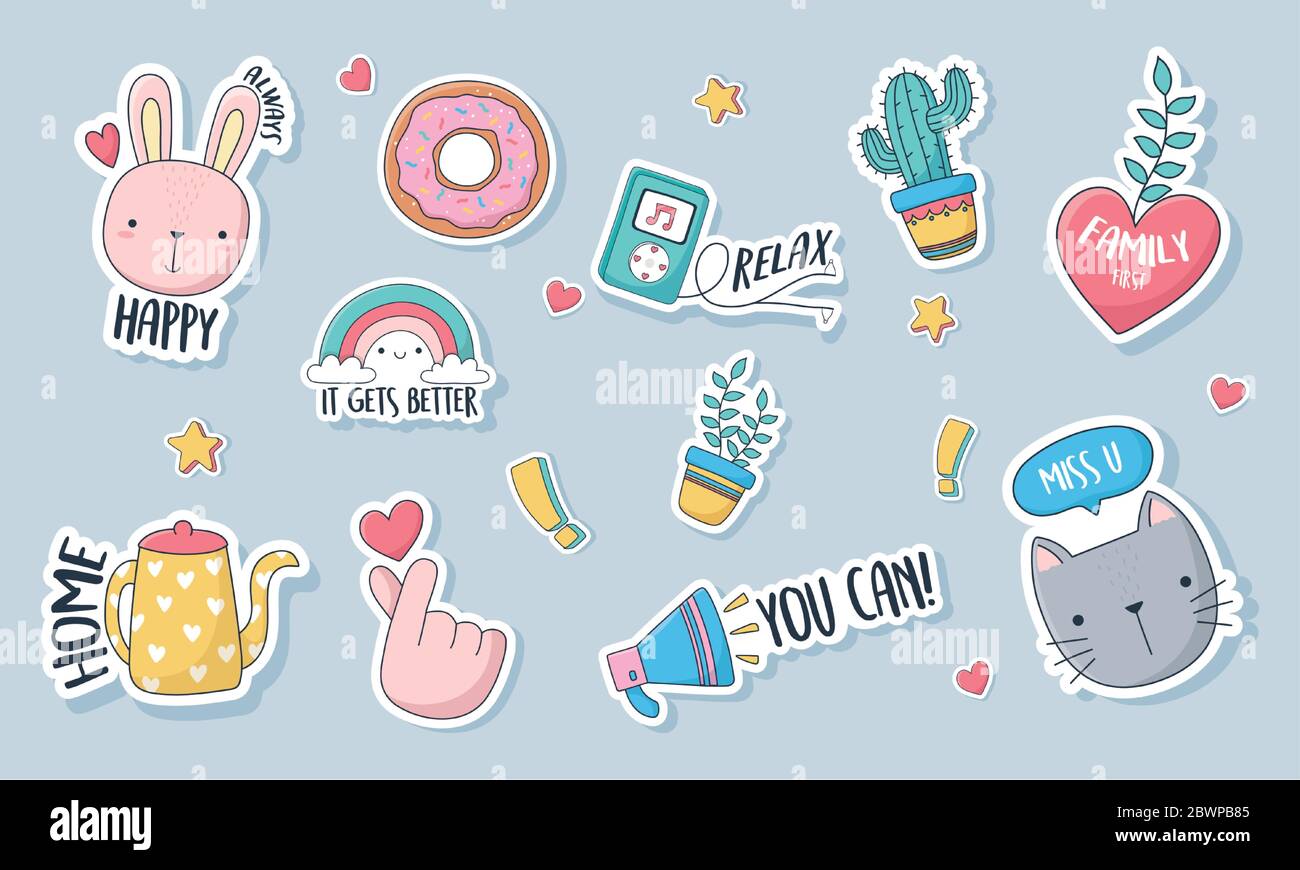 cute stuff for cards stickers or patches decoration cartoon set icons ...