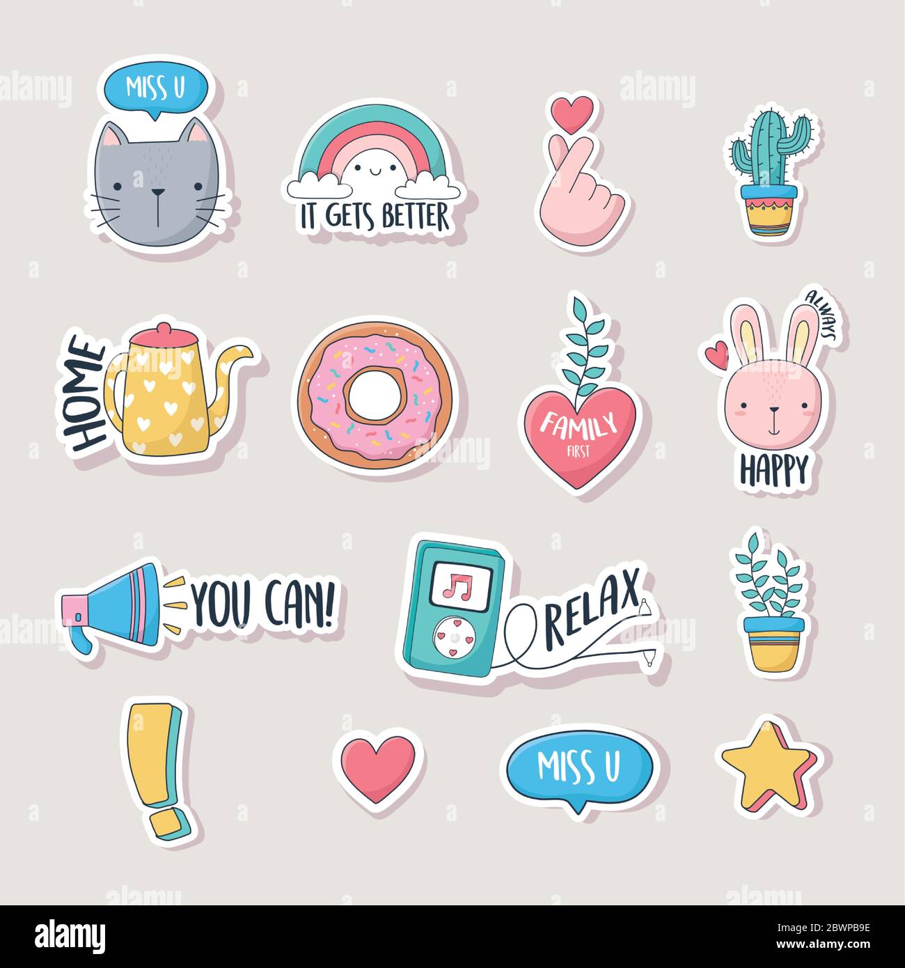 cute stuff for cards stickers or patches decoration cartoon icons set ...
